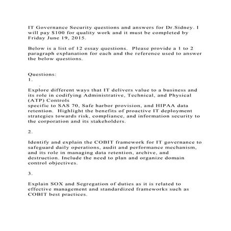 IT Governance Security questions and answers for Dr.Sidney. I will p.docx