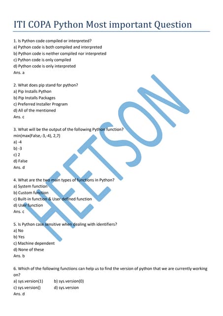 ITI COPA Python MCQ Most Important New Question | PDF ITI COPA Python MCQ Most Important New Question | PDF