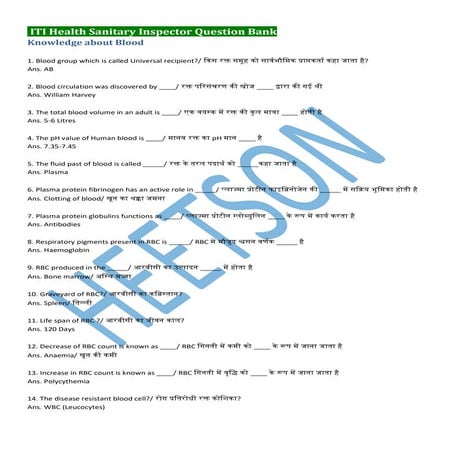 Bharat Skill Health Sanitary Inspector Question Bank | PDF