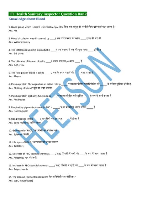 ITI Health Sanitary Inspector Question Paper | PDF