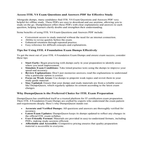 Prepare Like a Pro Using ITIL V4 Exam Questions and Answers PDF on DumpsQueen | PDF