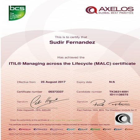 ITIL Expert v3 certificate Managing across the Lifecycle Sudir ...