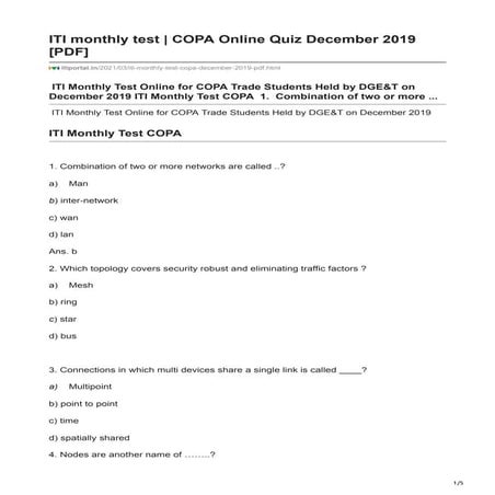 ITI monthly test COPA Online Quiz December 2019 PDF | PDF