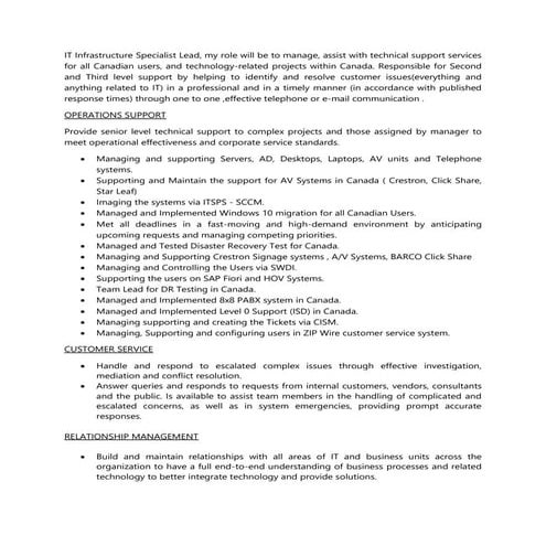 IT Infrastructure specialist lead | PDF | IT and Internet Support ...