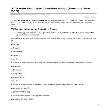 ITI Tractor Mechanic Question Paper Previous Year MCQ | PDF