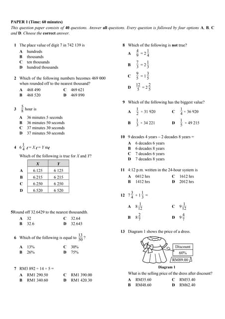 FINAL EXAM FOR MATHEMATICS YEAR 1 | DOCX