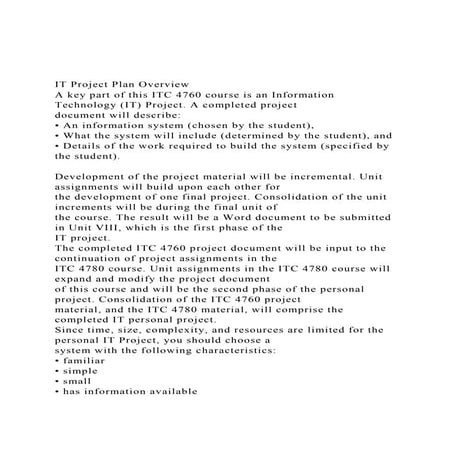 IT Project Plan Overview A key part of this ITC 4760 course.docx