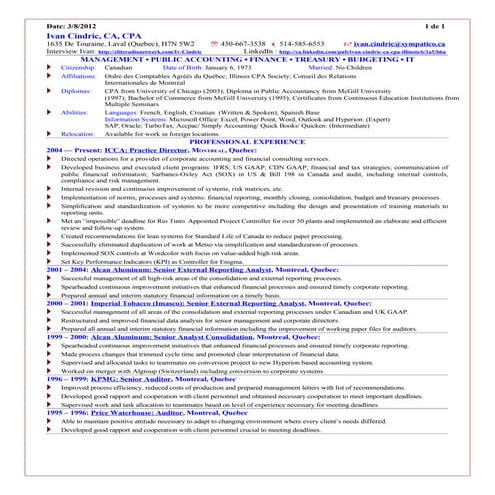 Ivan Cindric Cacpa Resume Snap Shot | DOC