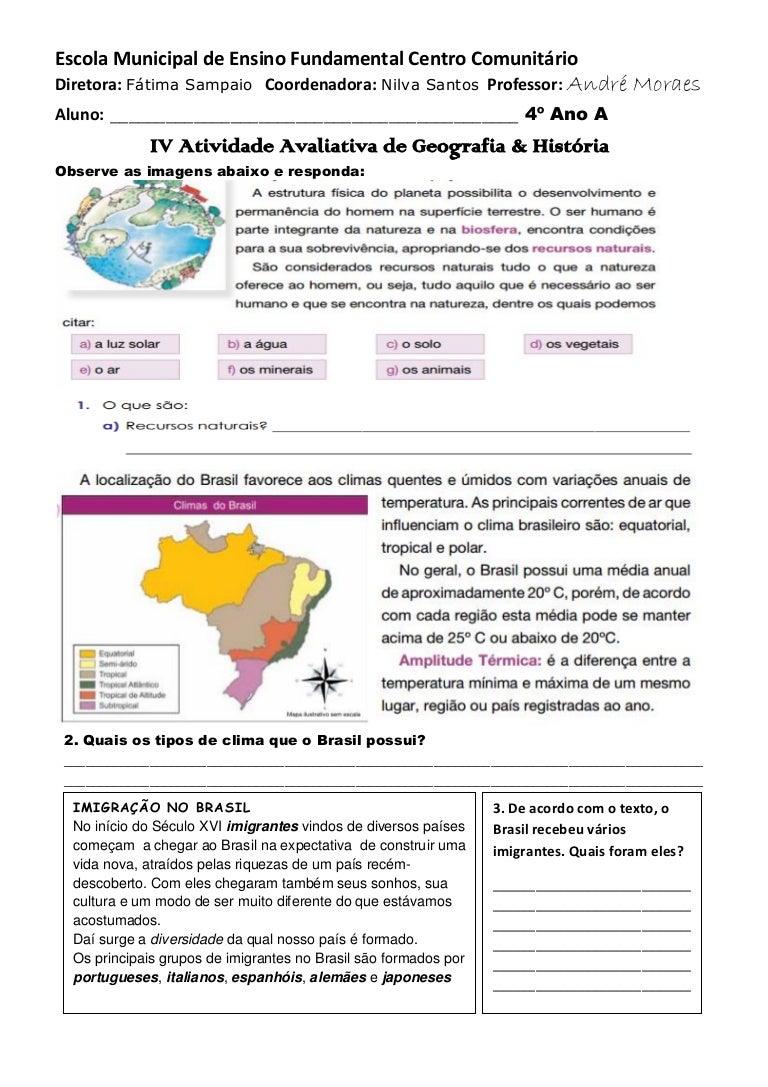 IV atividade avaliatíva de geo e hist 4º e 5º ano pdf