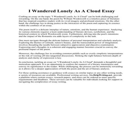 I Wandered Lonely As A Cloud Essay. I Wandered Lonely as a Cloud ...