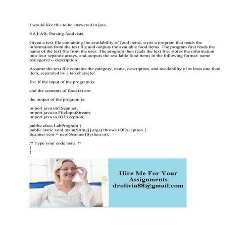 I would like this to be answered in java 9-8 LAB- Parsing food data.pdf