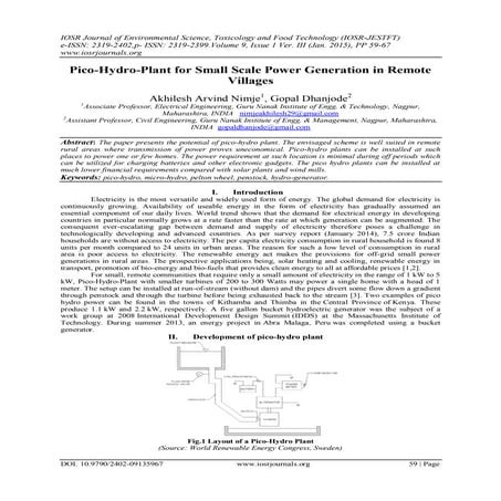 Pico-Hydro-Plant for Small Scale Power Generation in Remote Villages | PDF