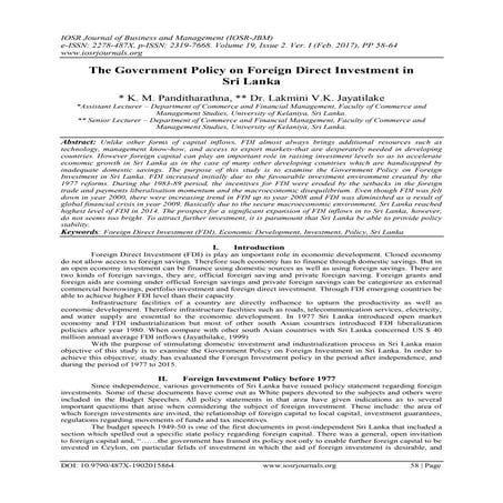 The Government Policy on Foreign Direct Investment in Sri Lanka | PDF