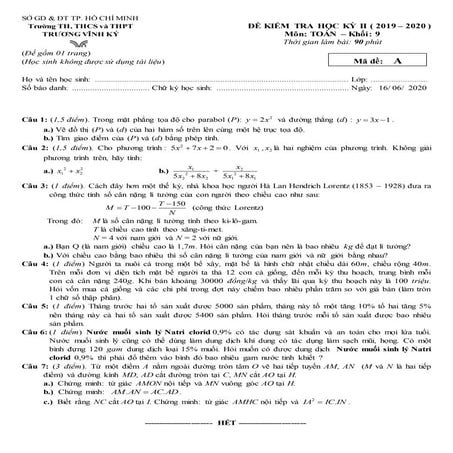 Đề Thi HK2 Toán 9 - TH THCS THPT Trương Vĩnh Ký | PDF