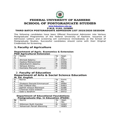 GSU Postgraduate Admission List For 2019/2020 Session | PDF