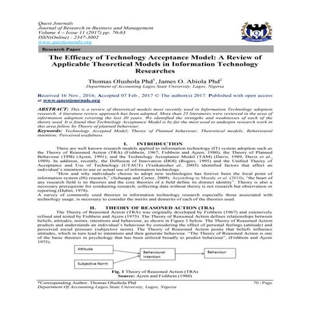 The Efficacy of Technology Acceptance Model: A Review of Applicable ...