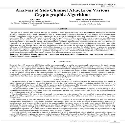 ANALYSIS OF SIDE CHANNEL ATTACKS ON VARIOUS CRYPTOGRAPHIC ALGORITHMS | PDF