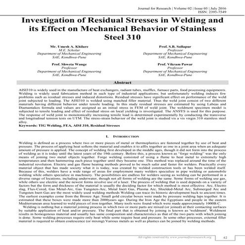 INVESTIGATION OF RESIDUAL STRESSES IN WELDING AND ITS EFFECT ON ...