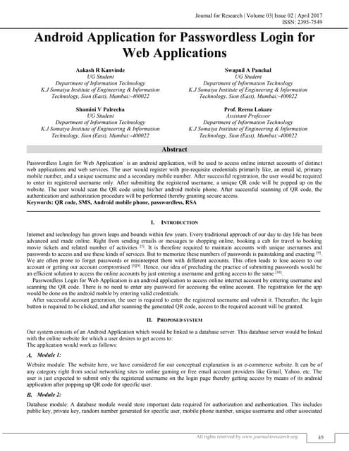 ANDROID APPLICATION FOR PASSWORDLESS LOGIN FOR WEB APPLICATIONS | PDF ANDROID APPLICATION FOR PASSWORDLESS LOGIN FOR WEB APPLICATIONS | PDF