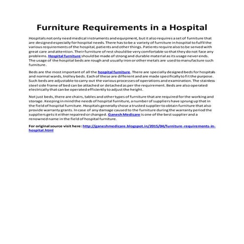 Furniture Requirements in a Hospital | PDF