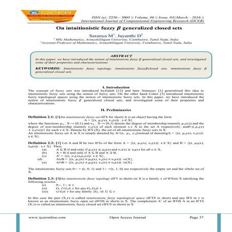 On Intuitionistic Fuzzy 휷 Generalized Closed Sets Pdf