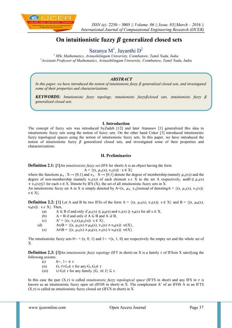 On Intuitionistic Fuzzy 휷 Generalized Closed Sets Pdf