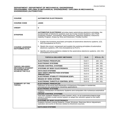 COURSE OUTLINE JA505 | DOC | Automotive Industry | Industries