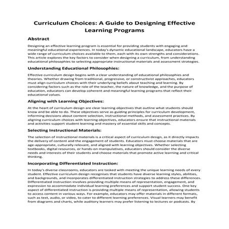 Curriculum Choices: A Guide to Designing Effective Learning Programs | PDF