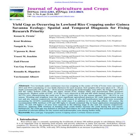 Yield Gap as Occurring in Lowland Rice Cropping under Guinea Savanna Ecology: Spatial and ...