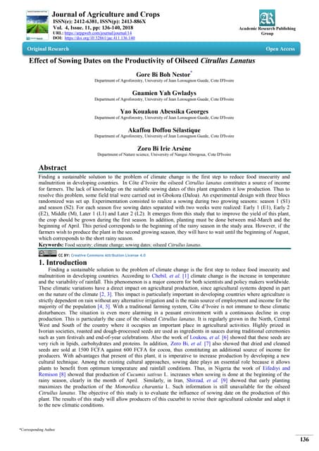 Effect Of Sowing Dates On The Productivity Of Oilseed Citrullus Lanatus