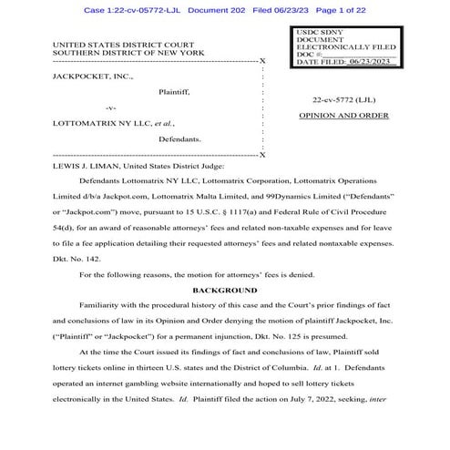 Jackpocket v. Lottomatrix fee petition order.pdf