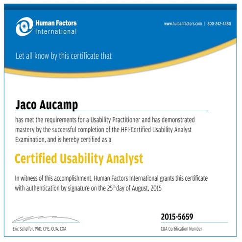 Jaco Aucamp Certified Usability Analyst | PDF | Technology & Computing