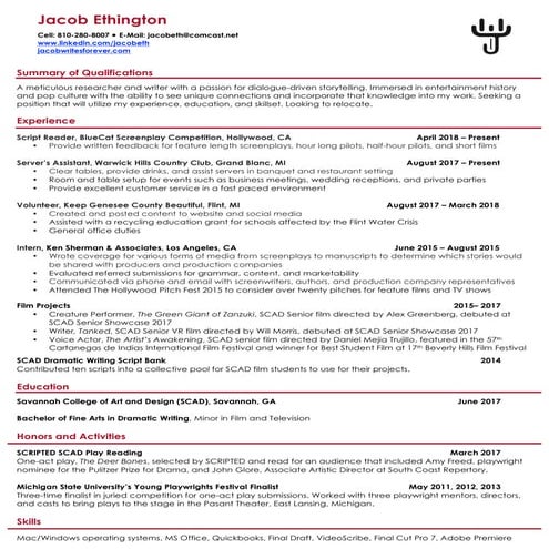 Jacob Ethington Resume Spring 2018 | PDF | Drama | Genres