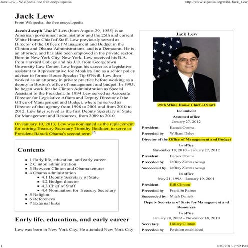 JACOB "JACK" LEW - Wikipedia Information | PDF