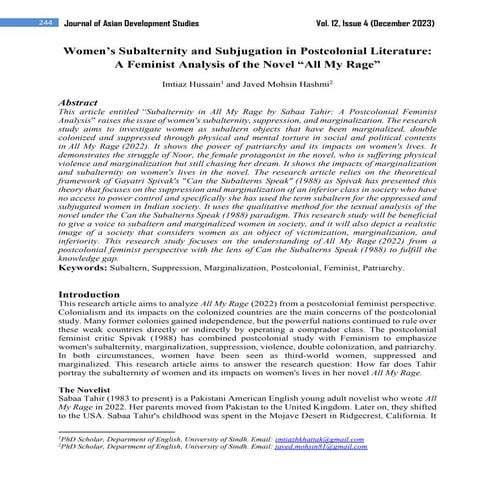 Subalternity and subjugation in the postcolonial literature by Javed ...