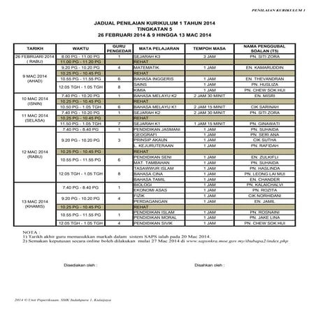 Jadual penilaian kurikulum 1 2014(t5) | PDF