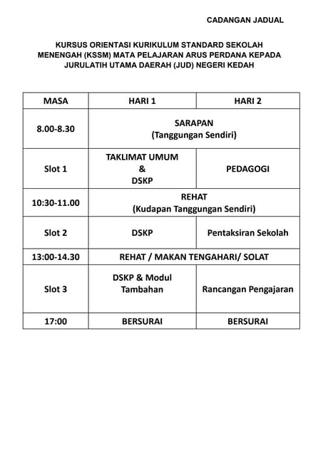 Jadual kursus orientasi kssm t1 math (2 hari) | DOCX