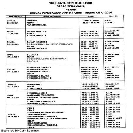 JADUAL PEPERIKSAAN AKHIR TAHUN SMKBS 2014 | PDF