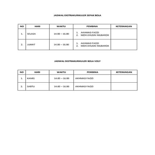 Jadwal ekstrakurikuler sepak bola dan voly | PDF