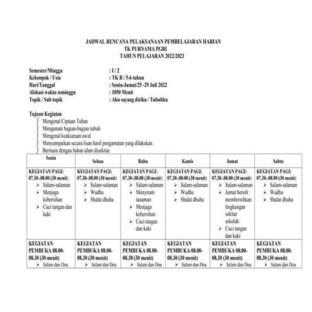 Jadwal Kegiatan belajar mengajar sekolah paud | PDF