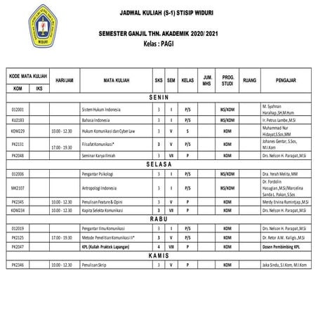 JADWAL KULIAH (S-1) STISIP WIDURI | DOCX