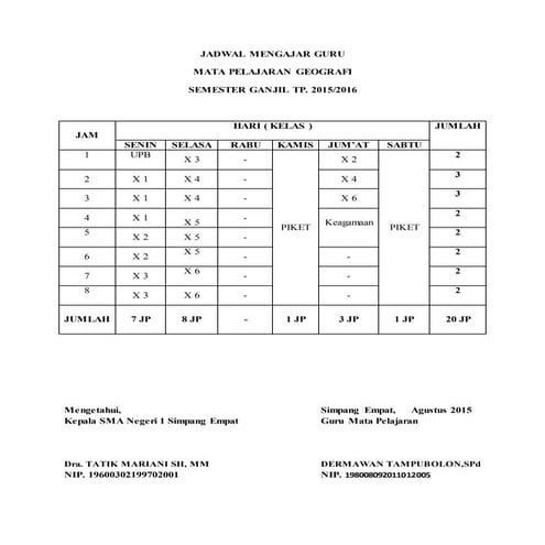 Jadwal mengajar guru | DOCX