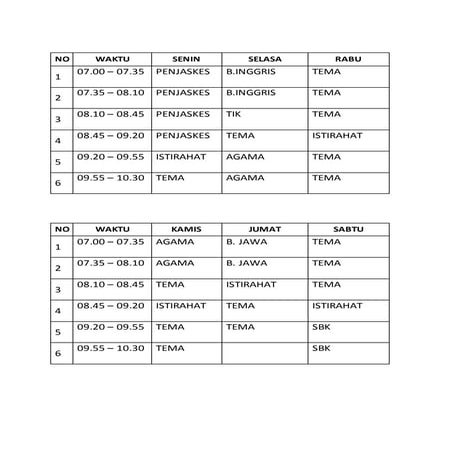 Jadwal pelajaran kelas 2 | DOCX