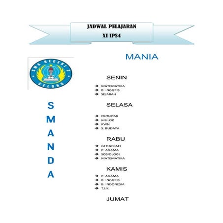 Jadwal pelajaran XI IPS4 SMANDA | DOCX