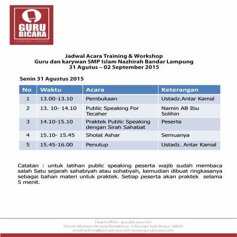 Contoh Jadwal training dan workshop smp islam nazhirah (Program Paket) | PDF