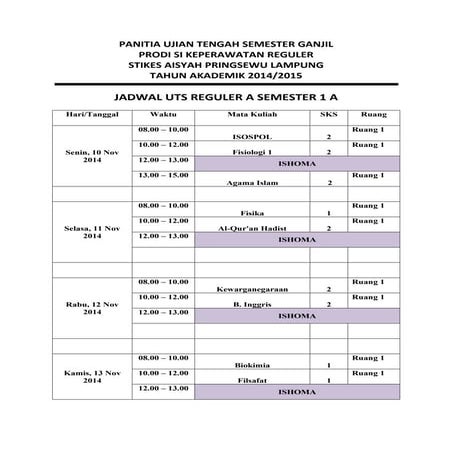 JADWAL UTS SEMESTER GANJIL T.A 2014-2015 | PDF