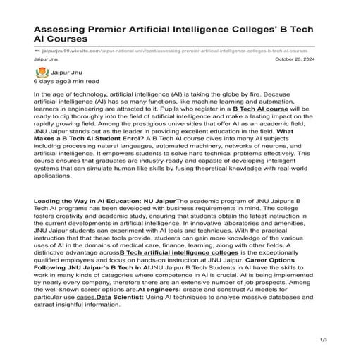 Assessing Premier Artificial Intelligence Colleges' B Tech AI Courses | PDF