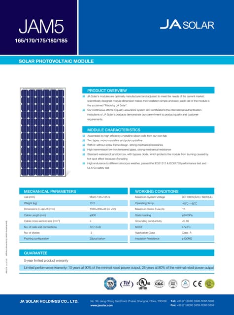 Silicon Energy Cascade Series Photovoltaic Module Specification Sheet | PDF