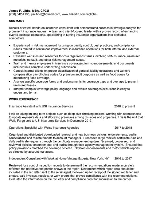 James libbe insurance operations resume | DOC | Insurance | Personal Finance