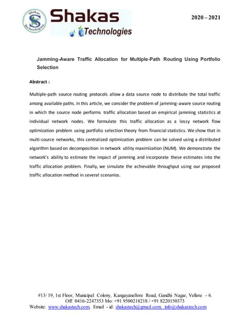 Jamming Aware Traffic Allocation For Multiple Path Routing Using
